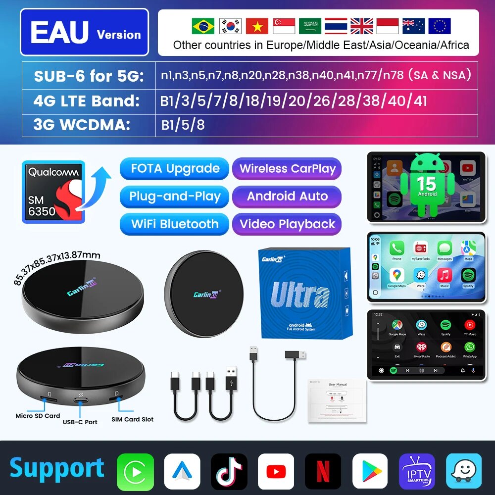 Беспроводной Адаптер Carlinkit Android 15 5G CarPlay Ultra4 AI Box 8-ядерный SM6350 Для YouTube Netflix, 128 ГБ Памяти