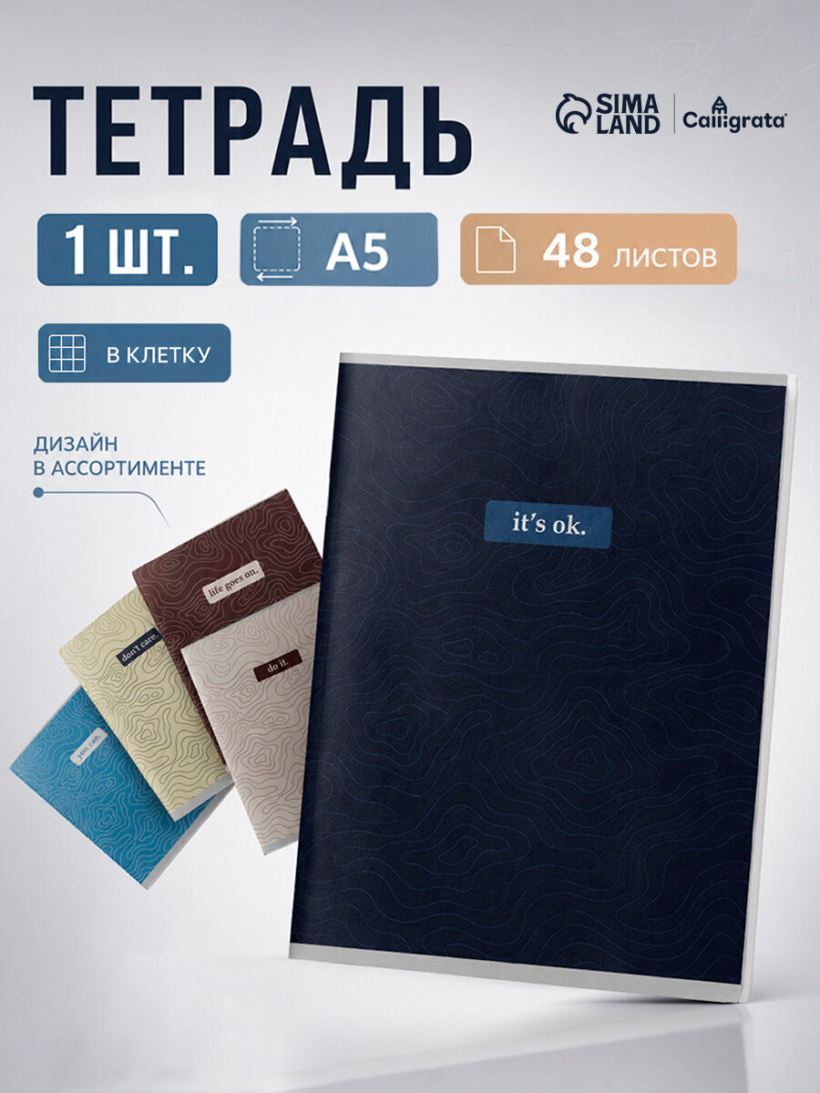 Тетрадь 48 листов в клетку Calligrata в клетку, блок офсет, 5 В микс