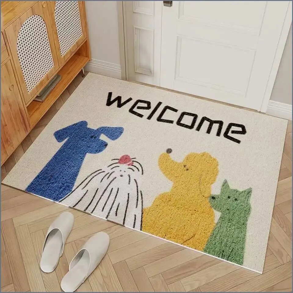 Придверный коврик с милыми собаками надпись Welcome противоскользящий