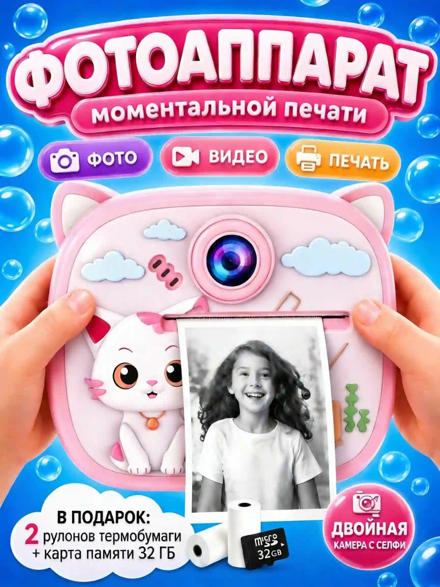 Фотоаппарат детский мгновенной печати с принтером моментальная камера