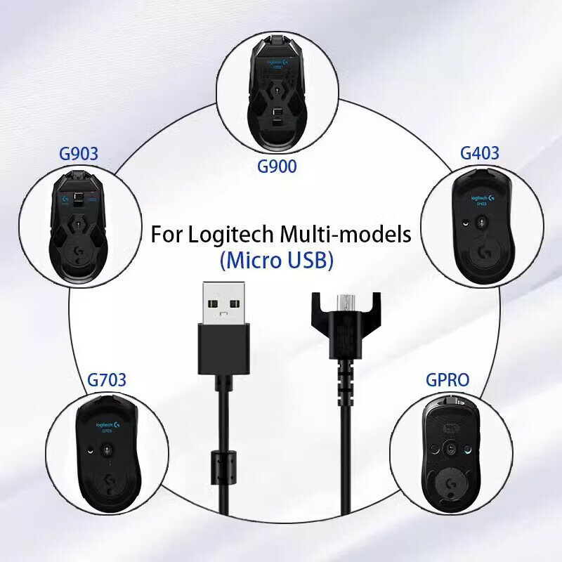 Xuanyi USB-кабель для зарядки 1.8 м совместимый с мышами Logitech GPRO G903/G703/G403/GPW/G900 GPW Gen 2 Цвет：Черный