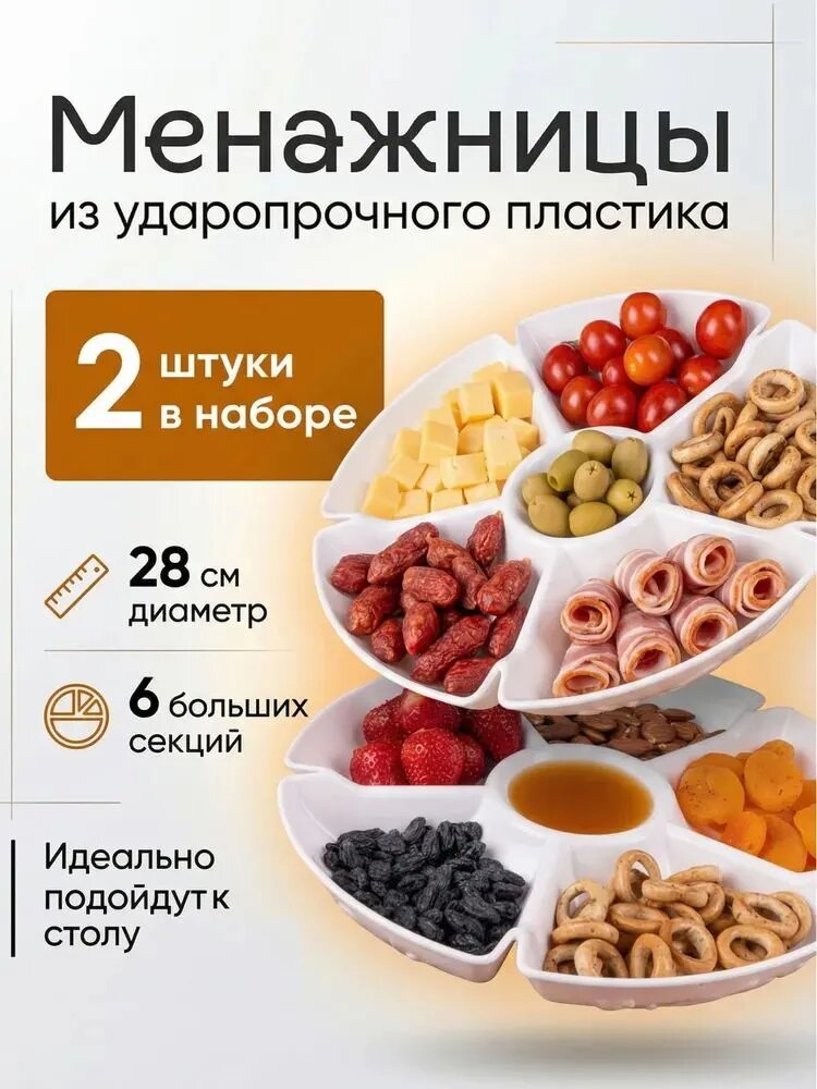 Менажница пластиковая 28 см, белая, набор из 2 шт посуда для сервировки и закусок