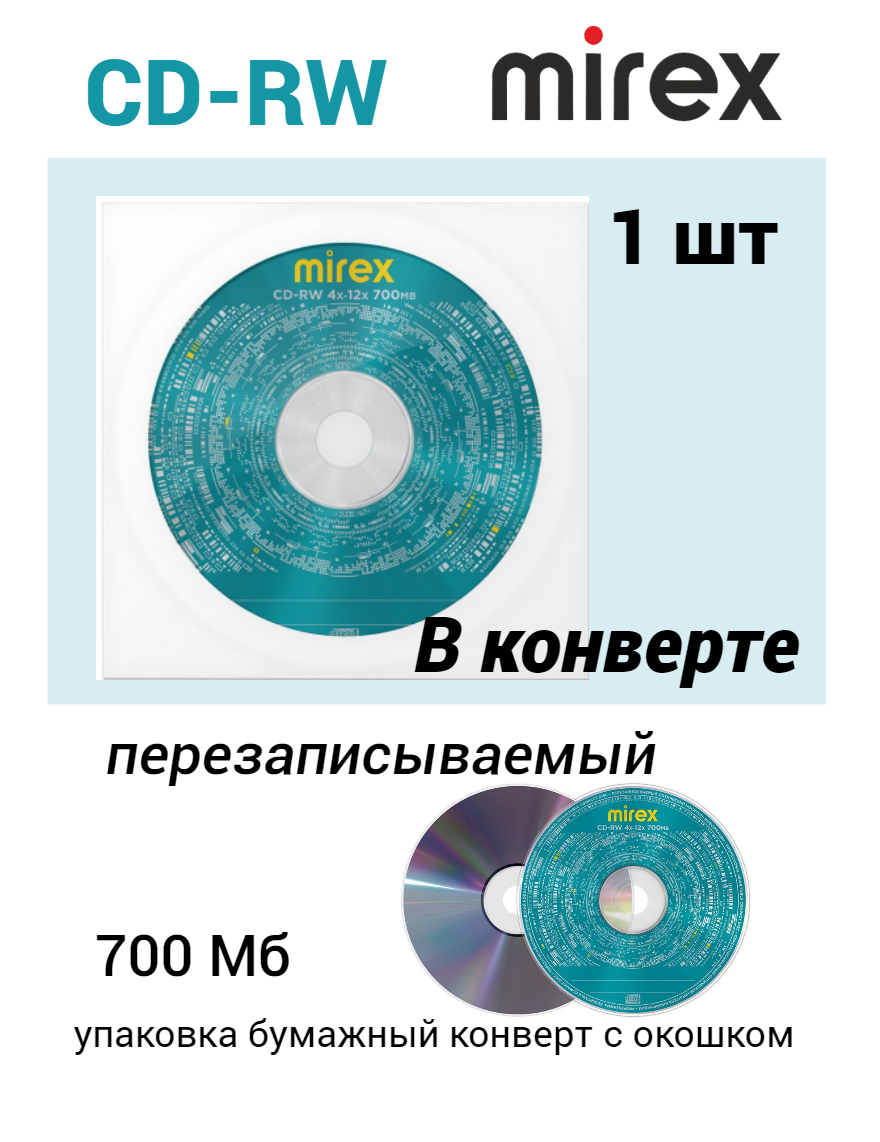 Диск Mirex CD-RW (1 шт.) 700Mb 12x в бумажном конверте (UL121002A8C)