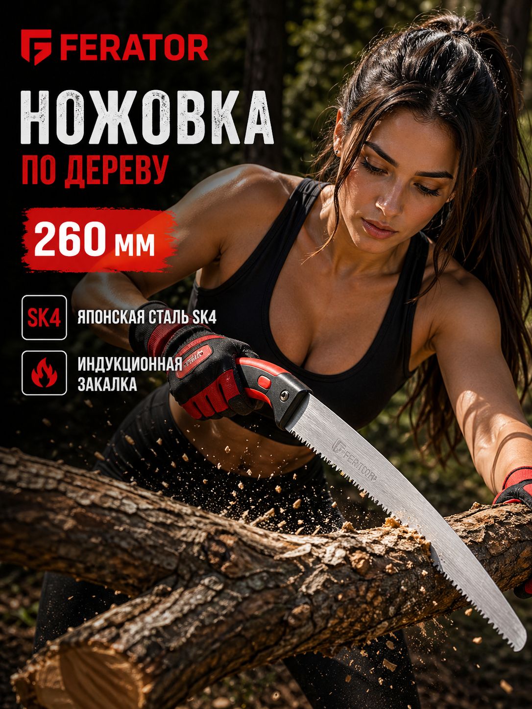 Ножовка по дереву, пила садовая, ножовка походная для быстрого реза сырой древесины 260 мм FERATOR