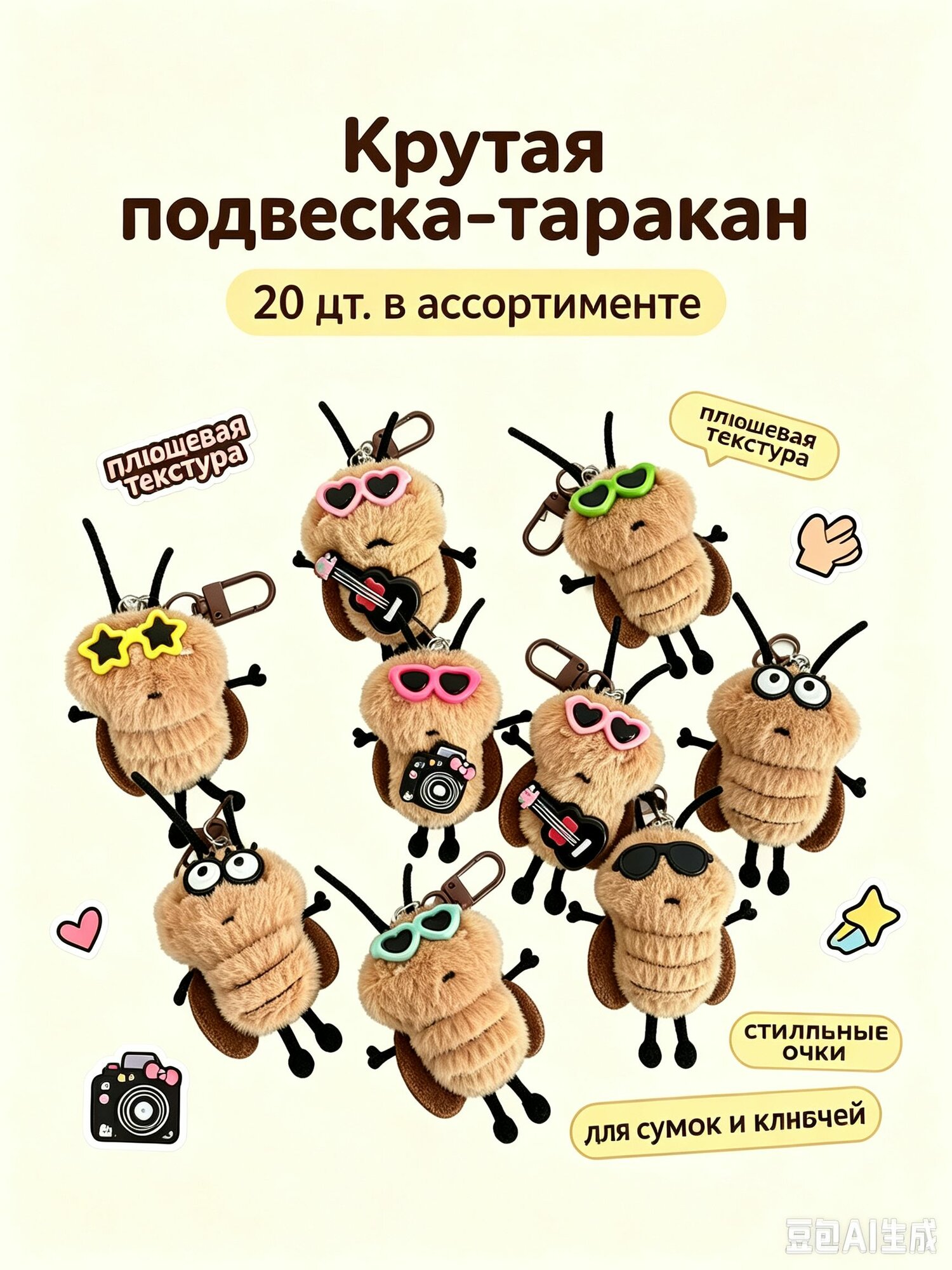 Плюшевый брелок таракан смешной аксессуар для сумки и ключей
