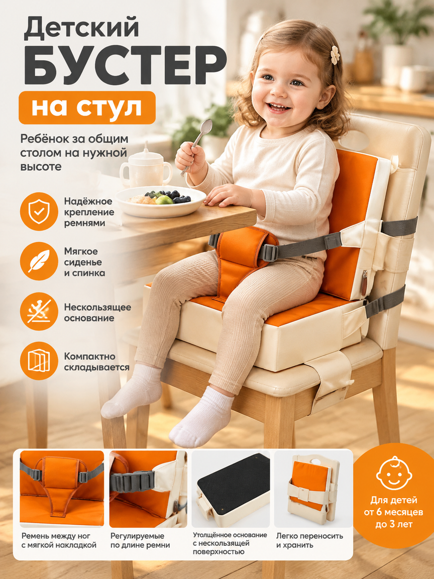Складное детское кресло-бустер на стул с ремнями и нескользящим основанием, оранжевое