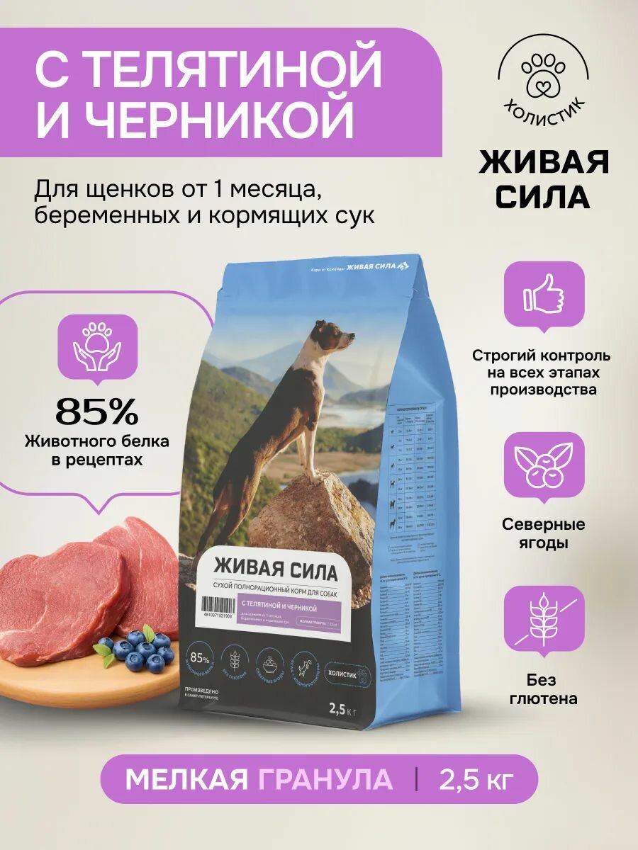 Сухой корм Холистик для щенков с телятиной и черникой мелкая гранула 2,5 кг