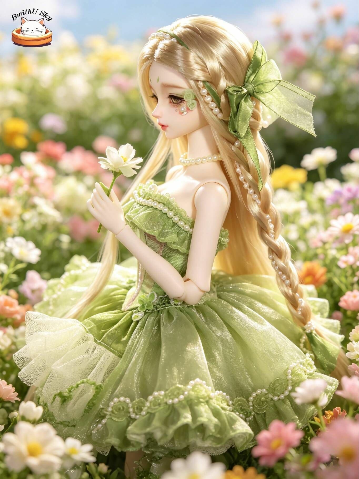 BwithUSky Fuka 1/4 BJD Кукла: Зеленое бальное платье с цветочным декором, нежный образ лесной феи