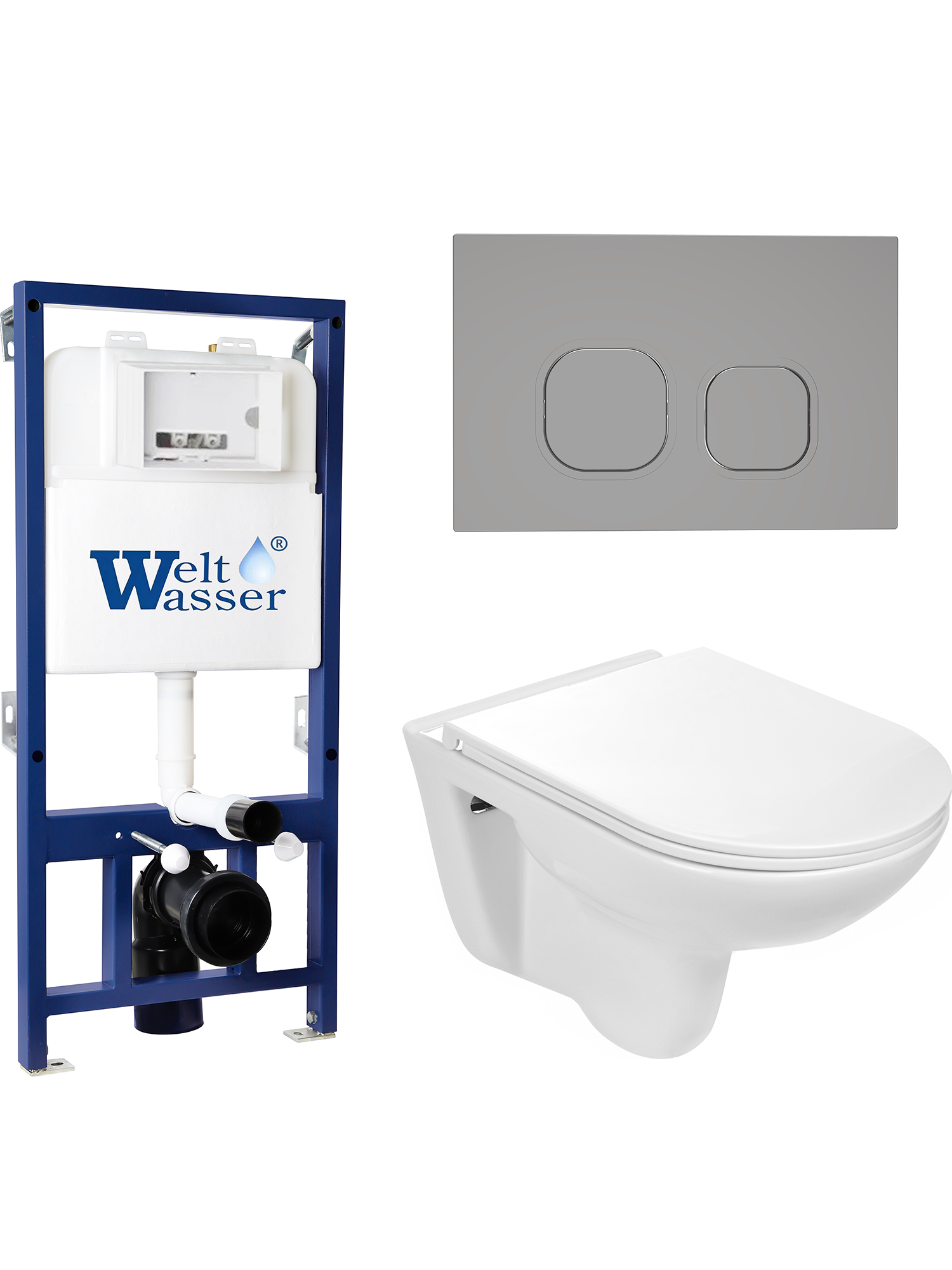 Комплект 3 в 1 Унитаз приставной WeltWasser BAARBACH 004 GL-WT безободковый+Инсталляция BAMBERG 525 с кнопкой BAMBERG CR хром глянцевый