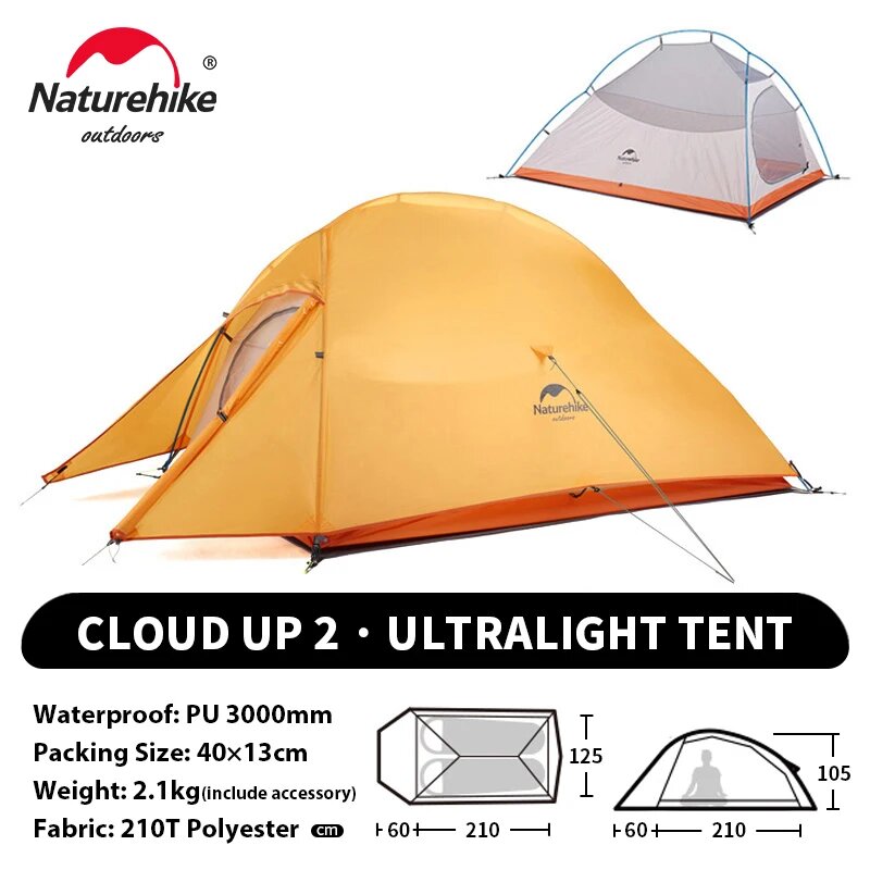 Палатка Naturehike Cloud Up на 2 человека ультralight 20D, водонепроницаемая, для кемпинга, походов, путешествий, альпинизма, велосипедных прогулок, рыбалки - 210T оранжевый