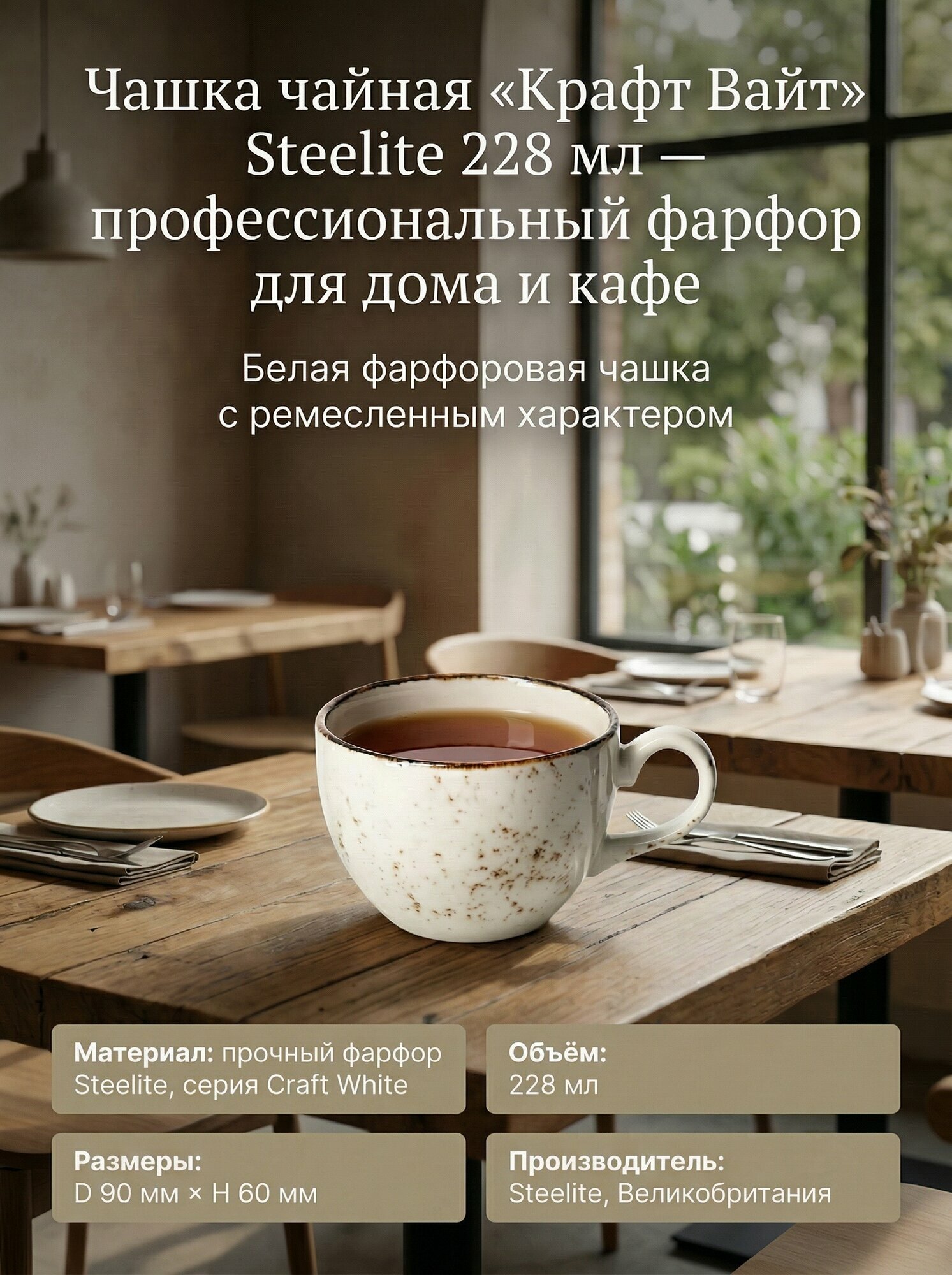 Чашка чайная Steelite Craft White 228 мл фарфоровая, D=90/45, H=60мм белый, коричнев.