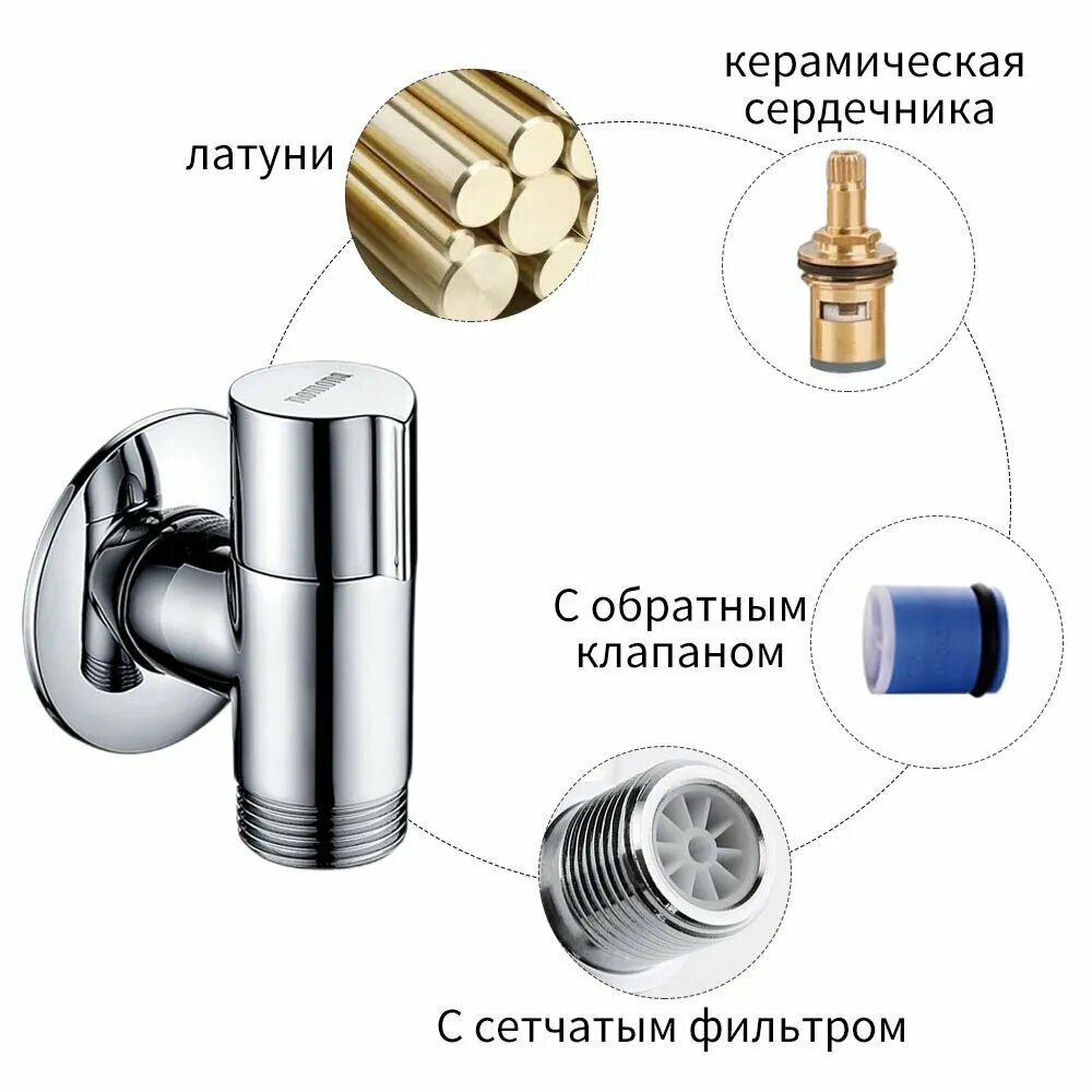 Nomona Кран угловой G1/2" - G3/4" для стиральной машины и бытовой техники, корпус из латуни, керамическая кран-букса в комплекте с отражателем