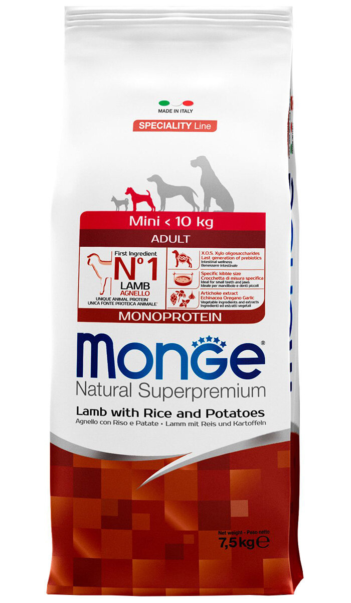 Корм сухой Monge Speciality Dog Mini Adult Lamb для взрослых собак маленьких пород, ягненок, рис, картофель, 7,5 кг