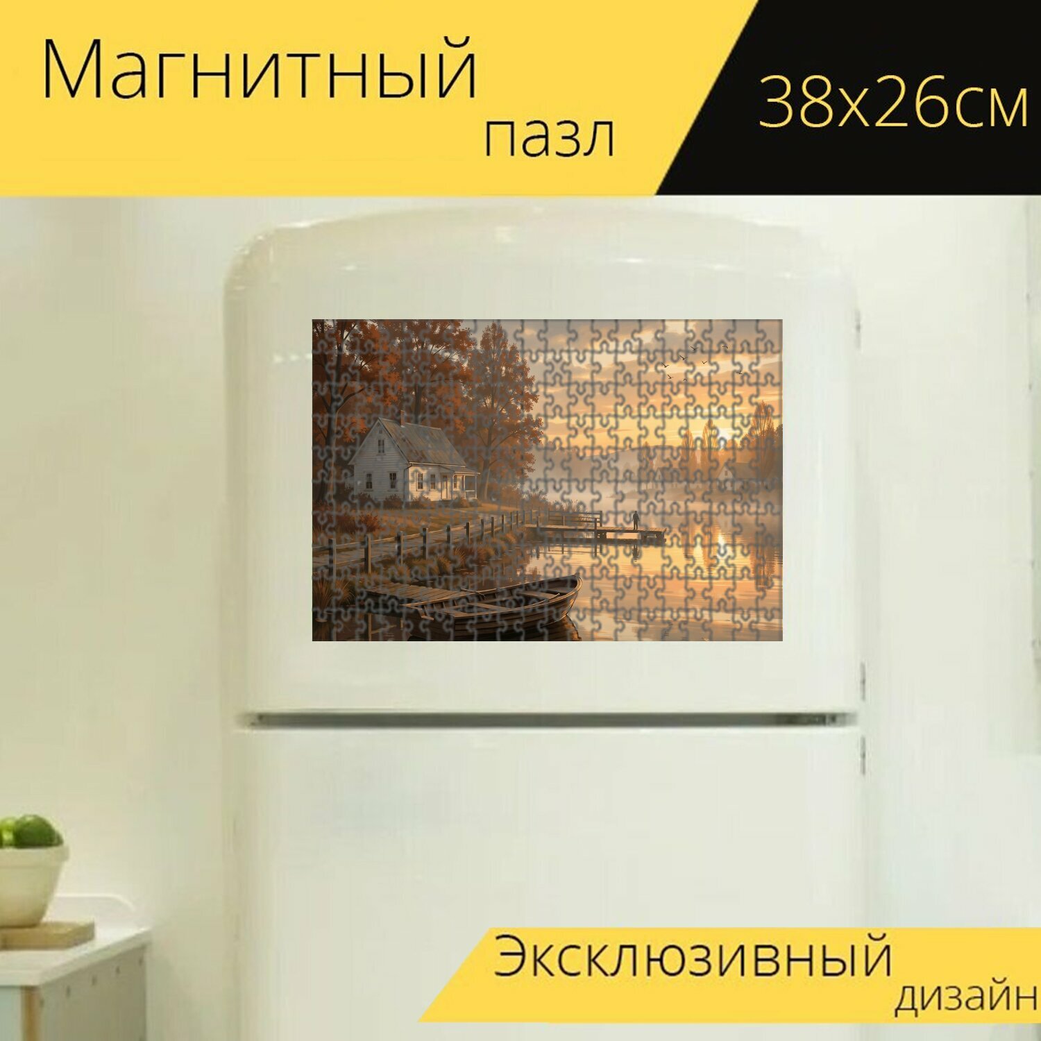 Магнитный пазл "Осенний дом у тихой реки. Уютный загородный пейзаж в тёплых золотисто-оранжевых тонах: деревянная лодка, туманная гладь воды, причал." для интерьера, 38х26 см.