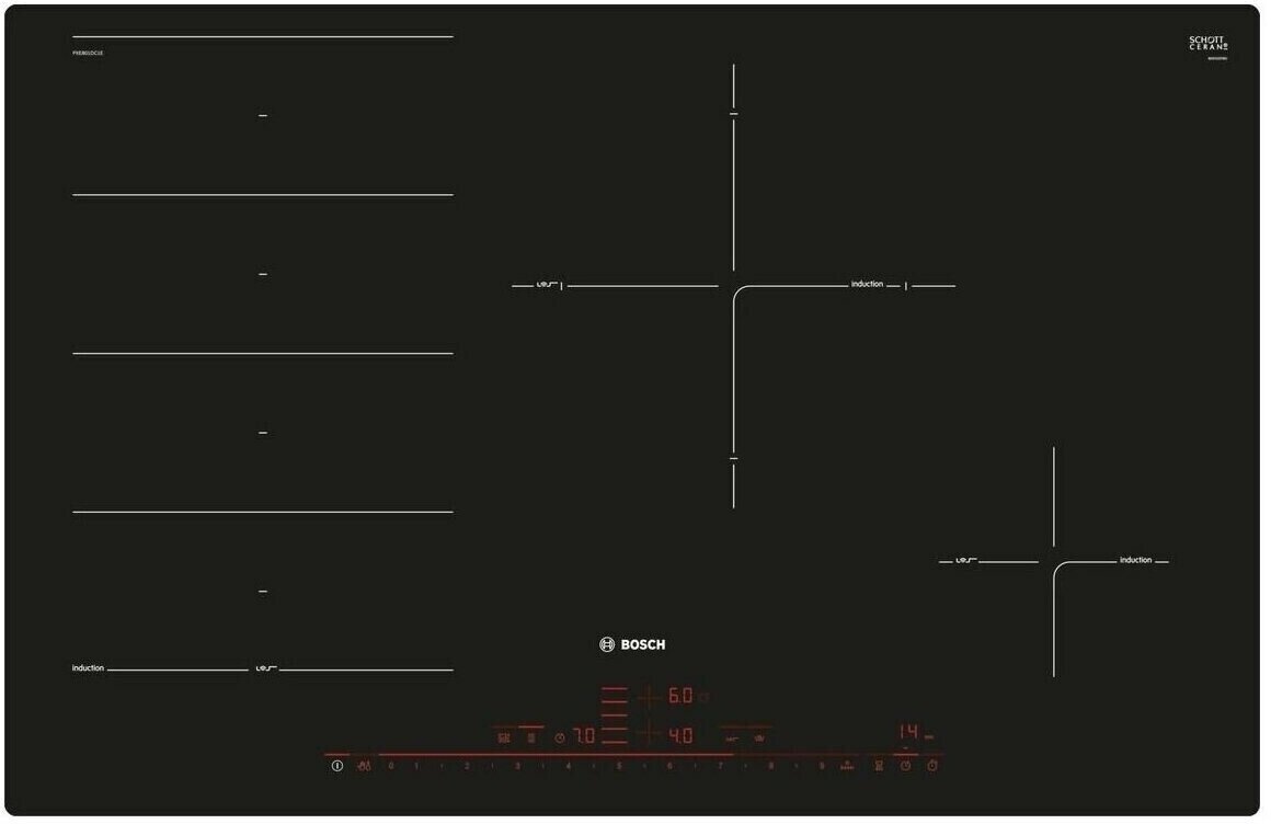 Варочная панель Bosch Serie 8 PXE801DC1E, индукционная, стеклокерамика, широкая 80 см, зона расширения FlexInduction, черная