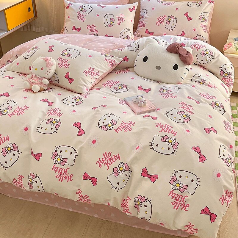 Пододеяльник Hello Kitty из 100% хлопка в стиле Ins, с кружевом, для сна без одежды, односпальный/двуспальный, в стиле