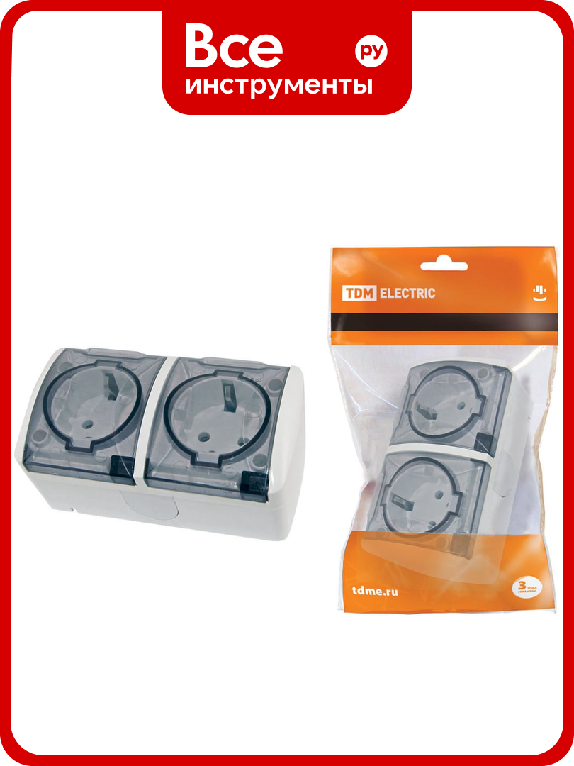 Двойная розетка TDM ELECTRIC 2П+3 открытой установки IP54 16А с прозрачной крышкой белая "Селигер" SQ1818-0009