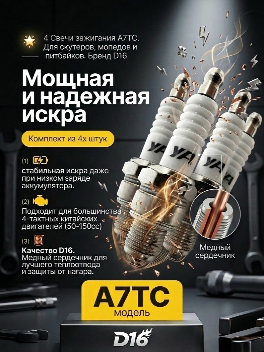 4 штуки. Свеча зажигания A7TC. Цена указана за штуку. Для скутера, мопеда, питбайка. Для четырехтактных бензиновых двигателей.