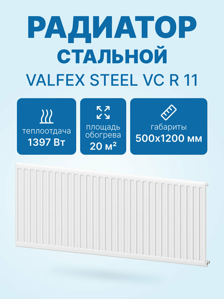 Радиатор VALFEX STEEL VC R 11 500х1200 стальной панельный с нижним правым подключением VF. VC. R.11.500.1200