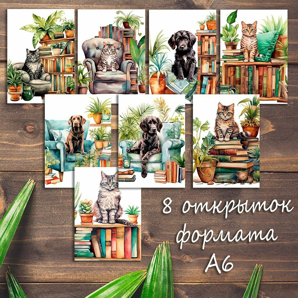 Большой набор открыток Животные и книги, 8 штук