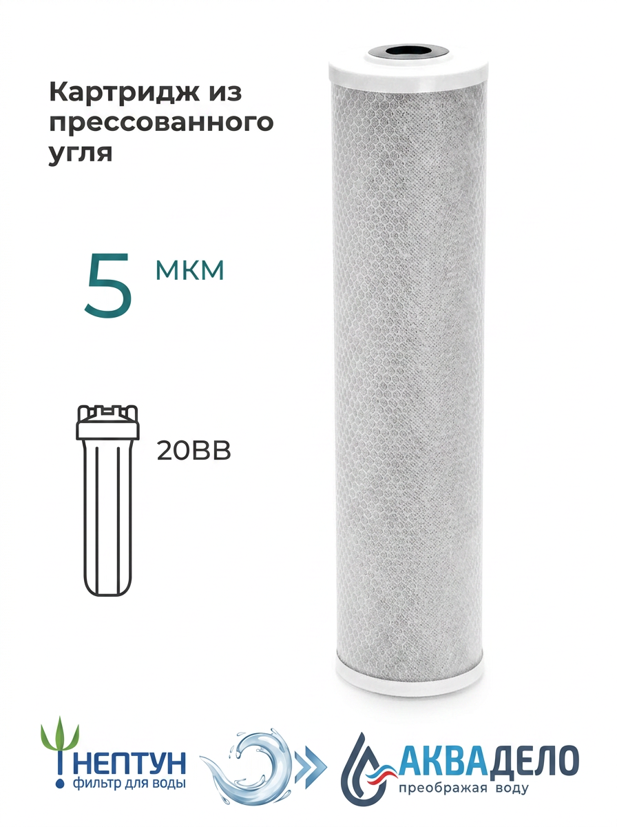 Картридж фильтра для очистки воды угольный “Нептун” (Аквадело) CTO-20BB 5мкм. Сорбционная очистка воды от хлора и т. д.