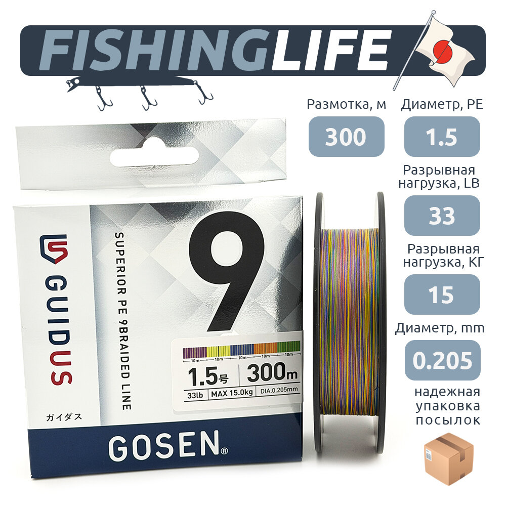 Плетеная леска (шнур) Gosen Guidus PE x9 300м мультиколор #1.5 0.205мм 33лб 15кг