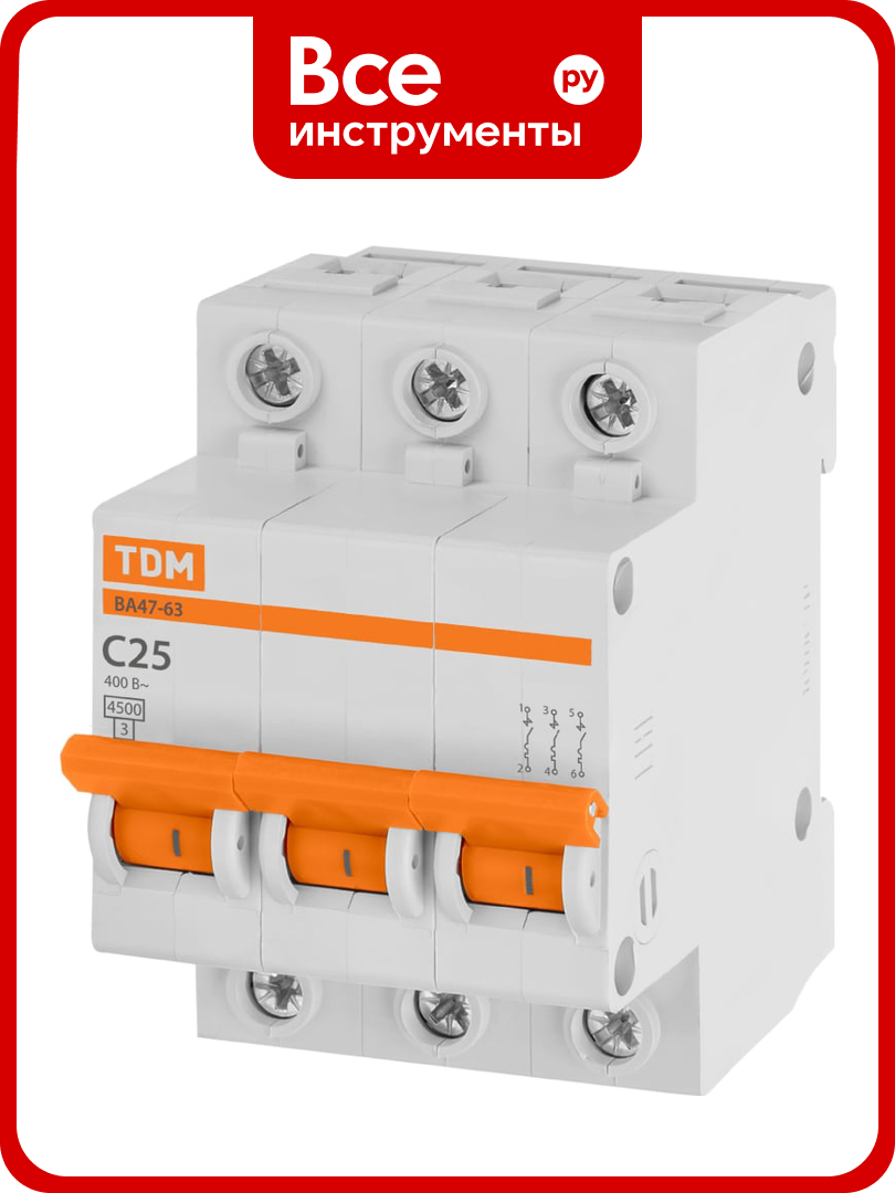 Автоматический выключатель TDM ELECTRIC ВА47-63 3Р 25А 4,5кА х-ка С SQ0218-0021
