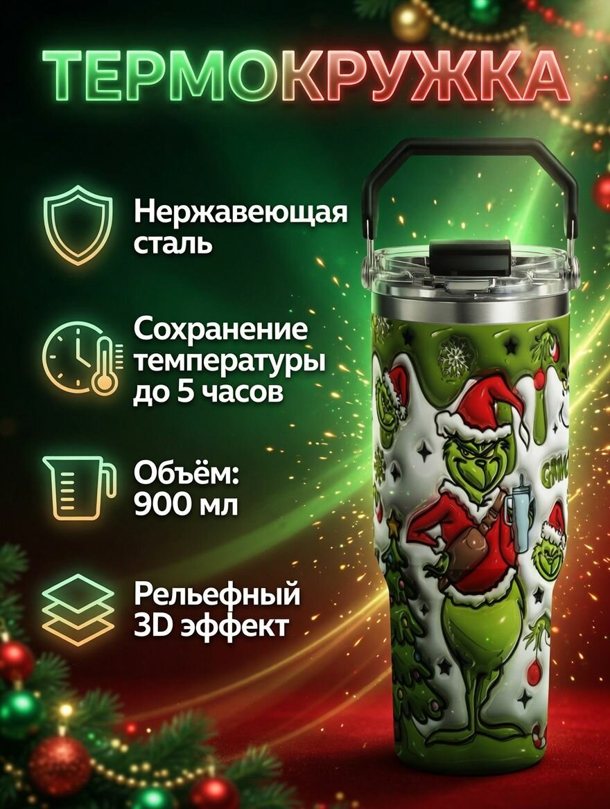 Термокружка 3D Гринч Новый год Объем
