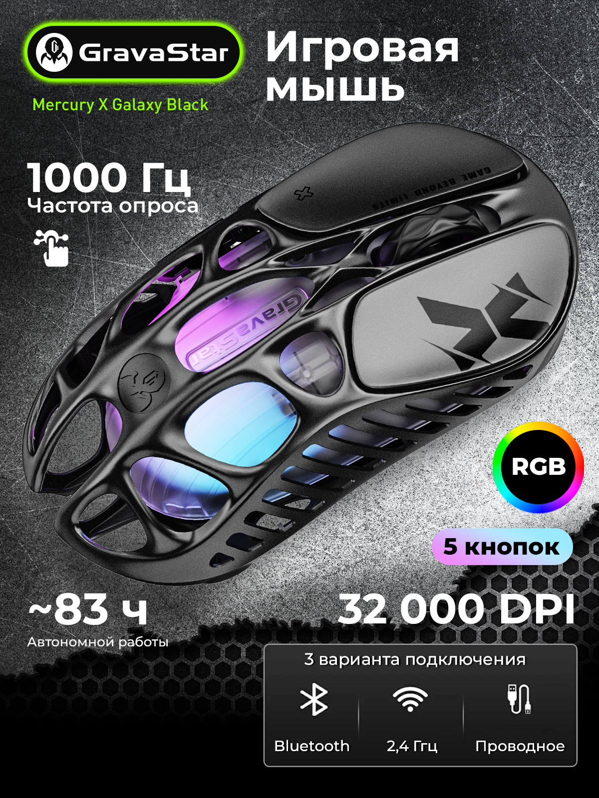 Компьютерная мышь Gravastar Mercury X Black, 3 вида подключения: Bluetooth 5.1, 2,4 ГГц, проводное USB