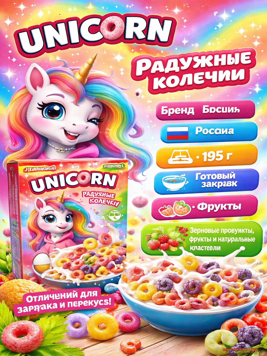 Готовый завтрак Unicorn Радужные колечки с фруктовым вкусом, 195г