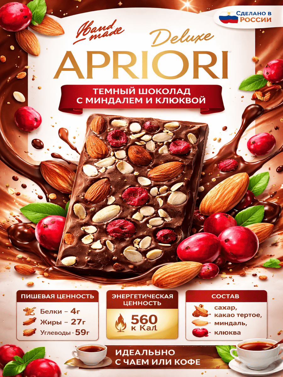 Шоколад Априори Deluxe темный с миндалем и клюквой, 85г