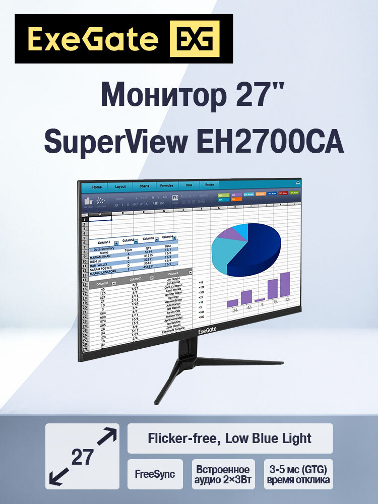 Монитор с аудио 27" 100 Гц ExeGate SuperView EH2700CA (IPS, FHD, 1920x1080@100Гц, 16:9, 250cd/m2, 1300:1, 178°/178°, 3-5ms, Speakers, D-Sub, HDMI, DP, audio-out, Flicker-free, FreeSync, Low Blue Light, VESA, регулировка наклона, черный) EX300398RUS
