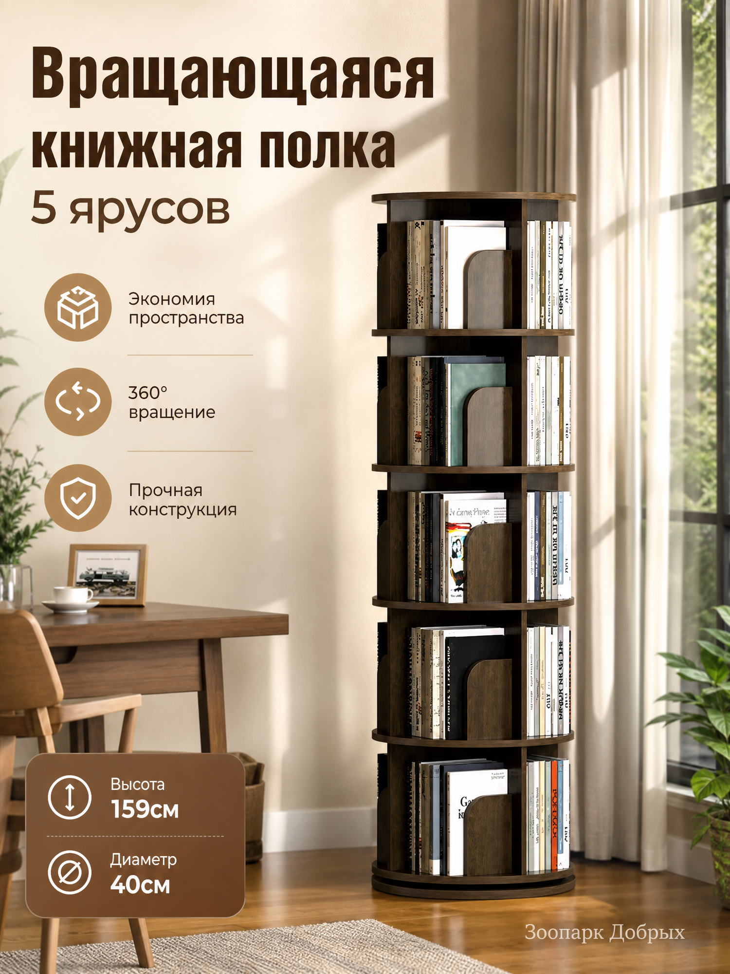 Книжная полка "Вращающаяся", 360° поворот, 5 ярусов, 300 книг, 51x51x160см
