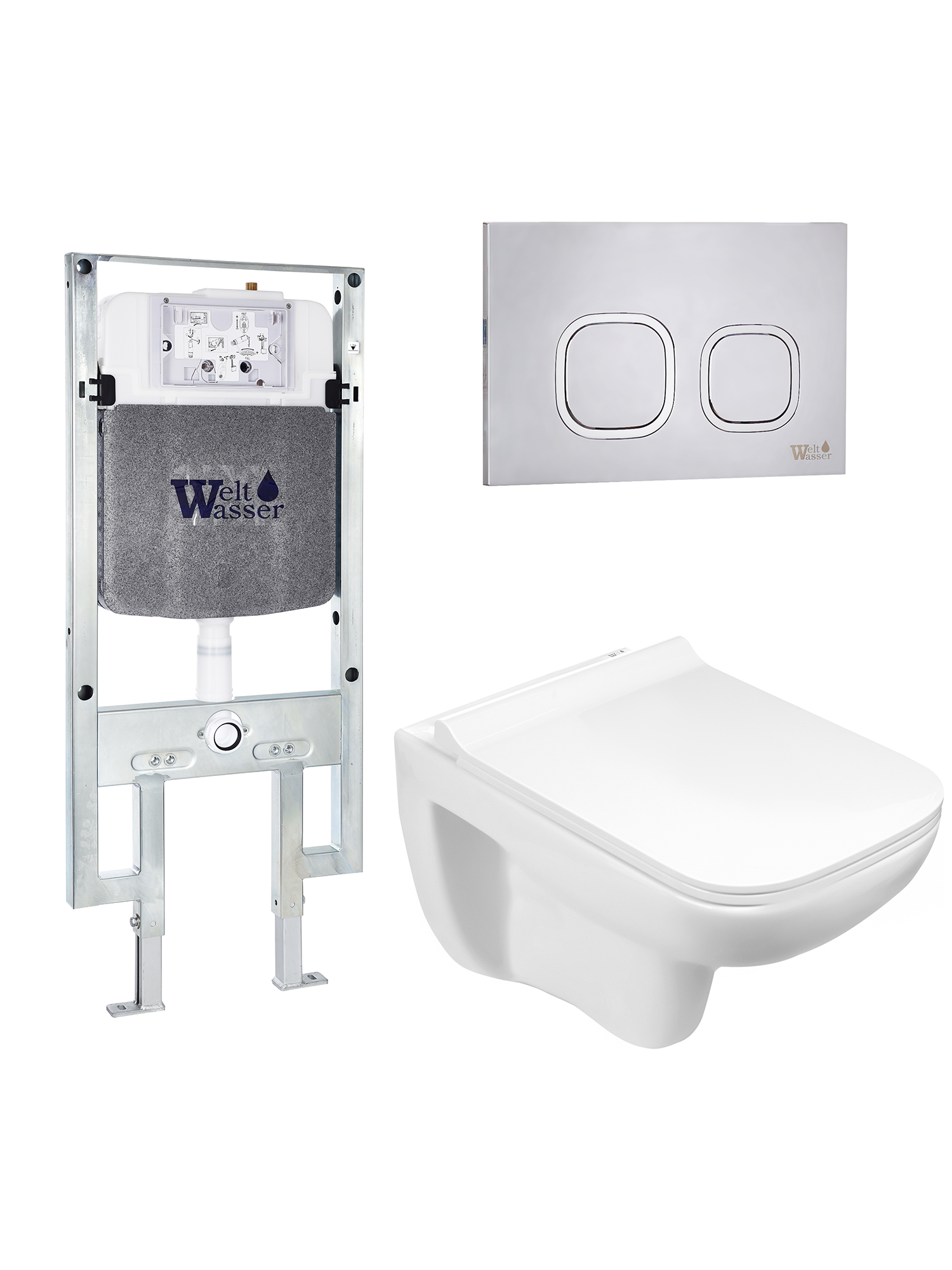 Комплект 3 в 1 Унитаз подвесной WeltWasser KEHLBACH 004 GL-WT безободковый+Инсталляция AMBERG 497 ST с кнопкой AMBERG RD-MT CR хром матовый