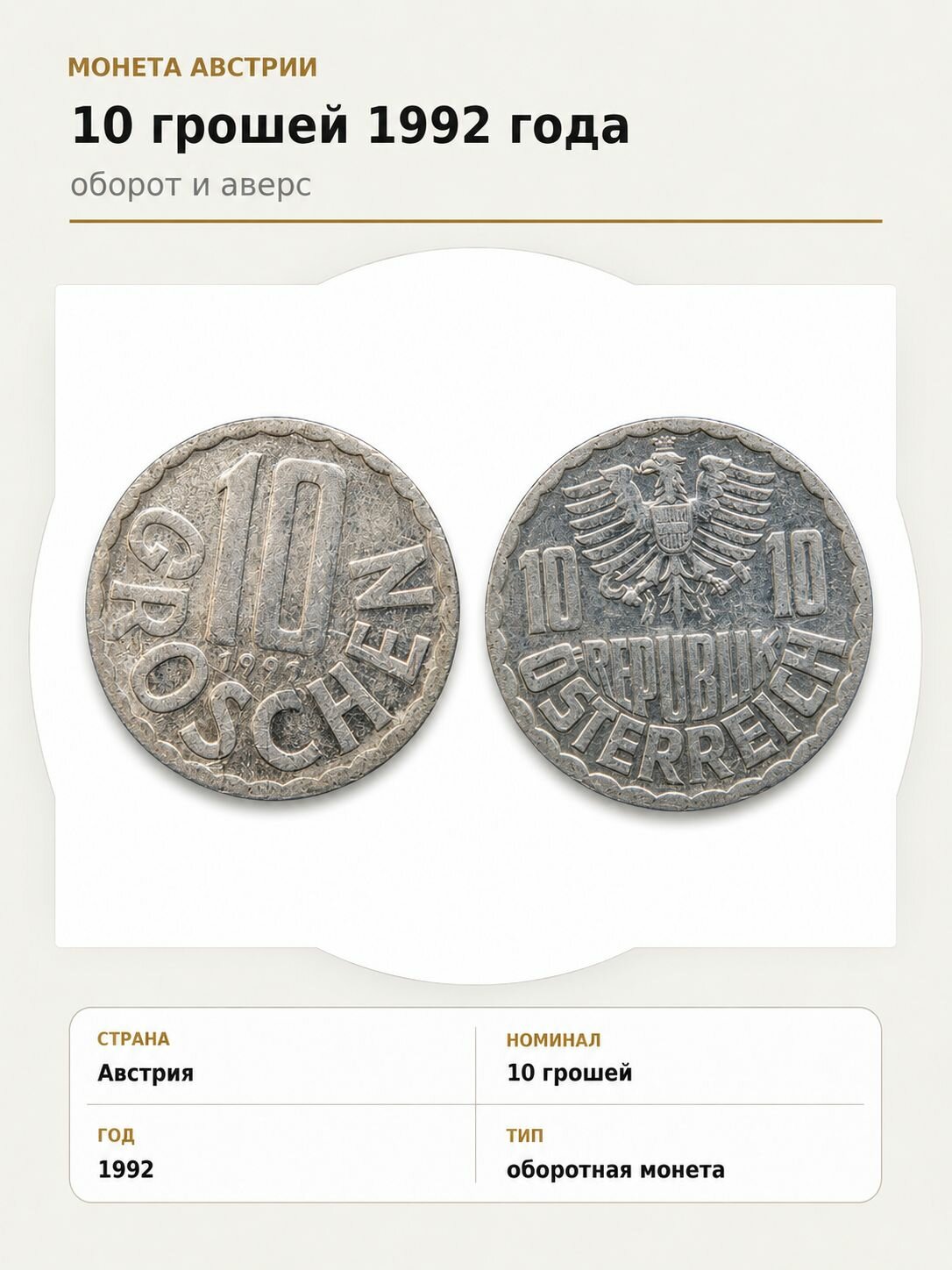 Коллекционная монета Австрия 10 грошей 1992