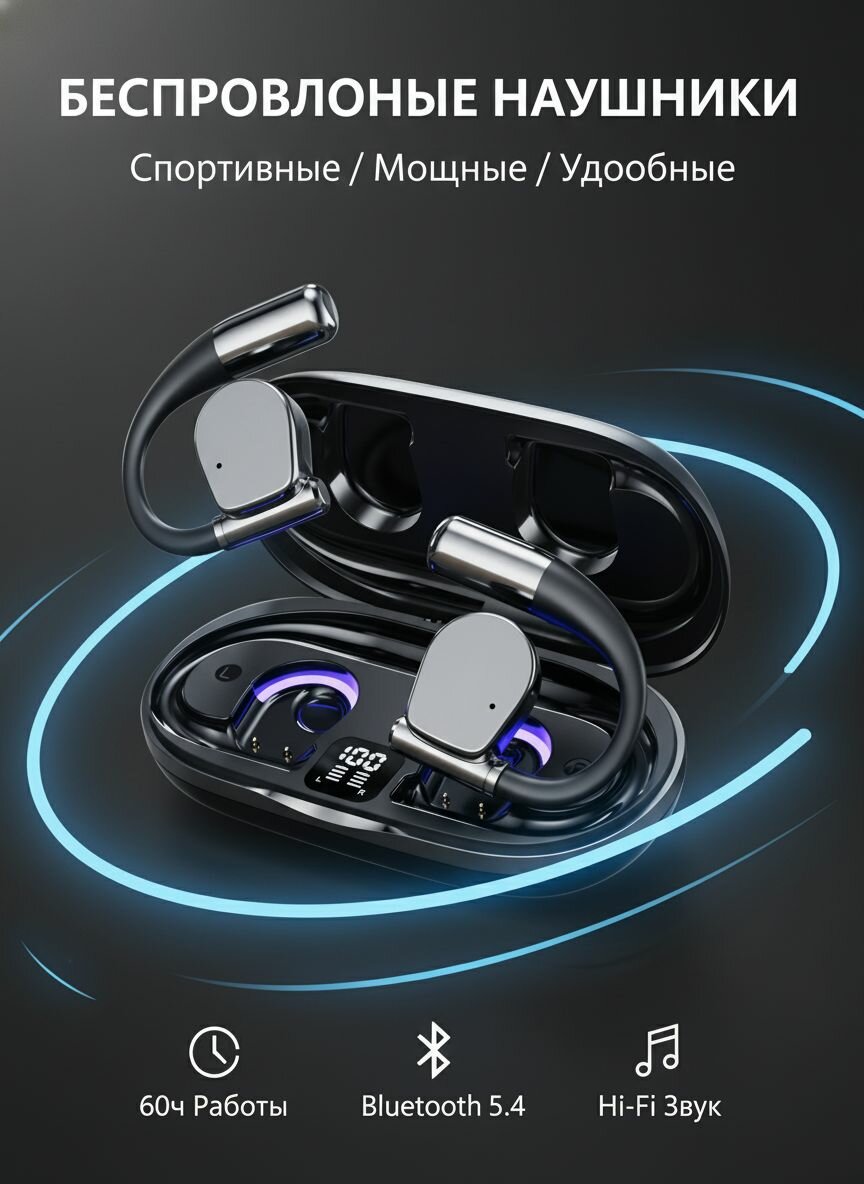Беспроводные спортивные наушники Bluetooth 5.4 с заушным креплением и LED-дисплеем, Hi-Fi звук