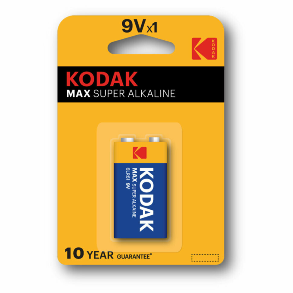 Батарейка алкалиновая 1 шт. KODAK Max Super Alkaline, Крона 9V (6LR61, 6LF22, 1604A), блистер, Б0005130, 457375
