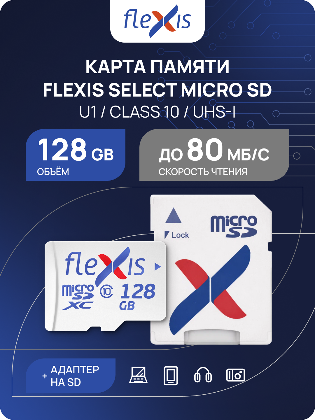 Карта памяти microSDXC 128GB Flexis Select, CL10 UHS-I U1, с SD-адаптером, для телефона, планшета, FMSD128GU1A