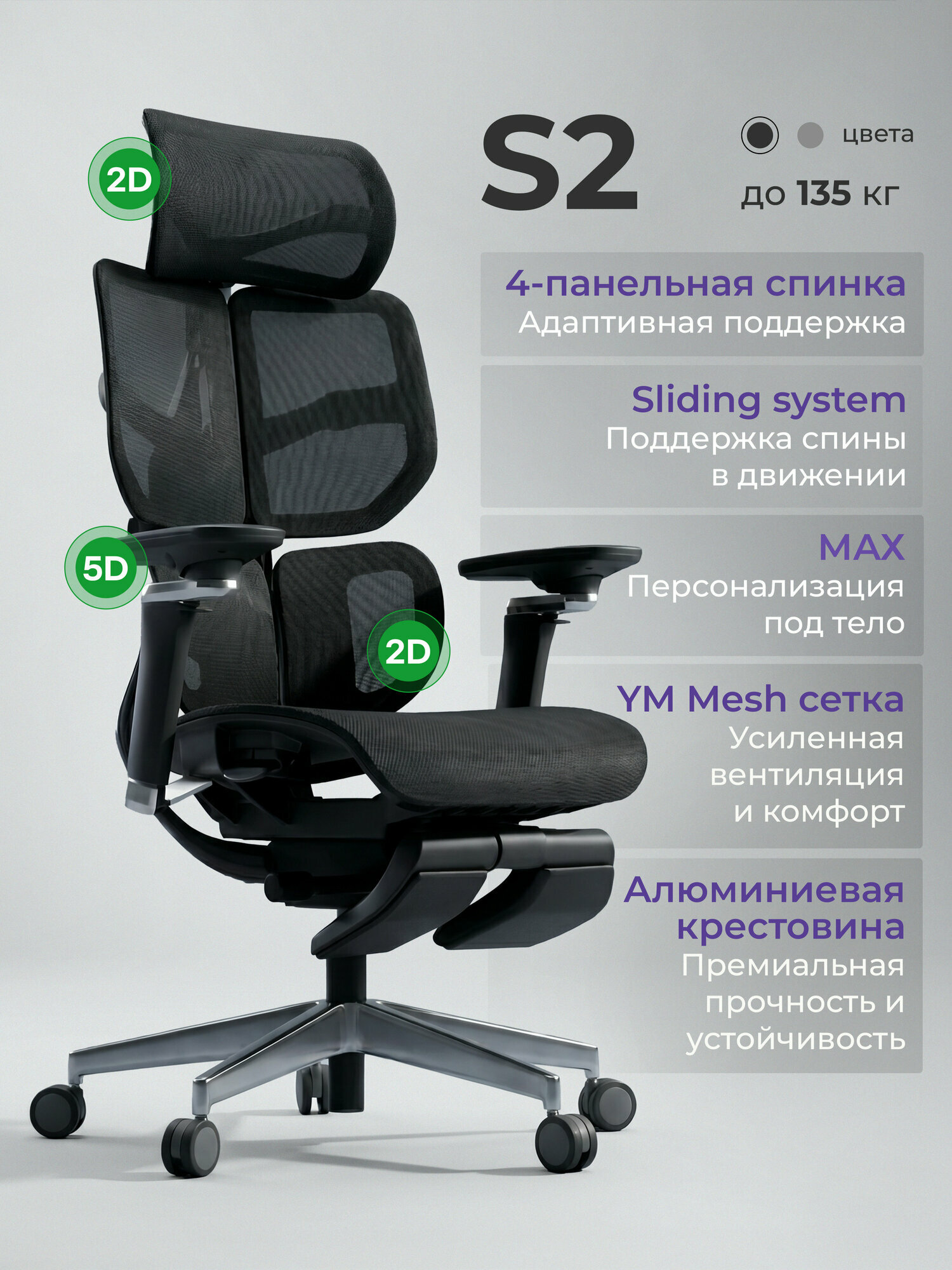 Кресло компьютерное эргономичное ортопедическое для дома и офиса Ergostul S2 Black