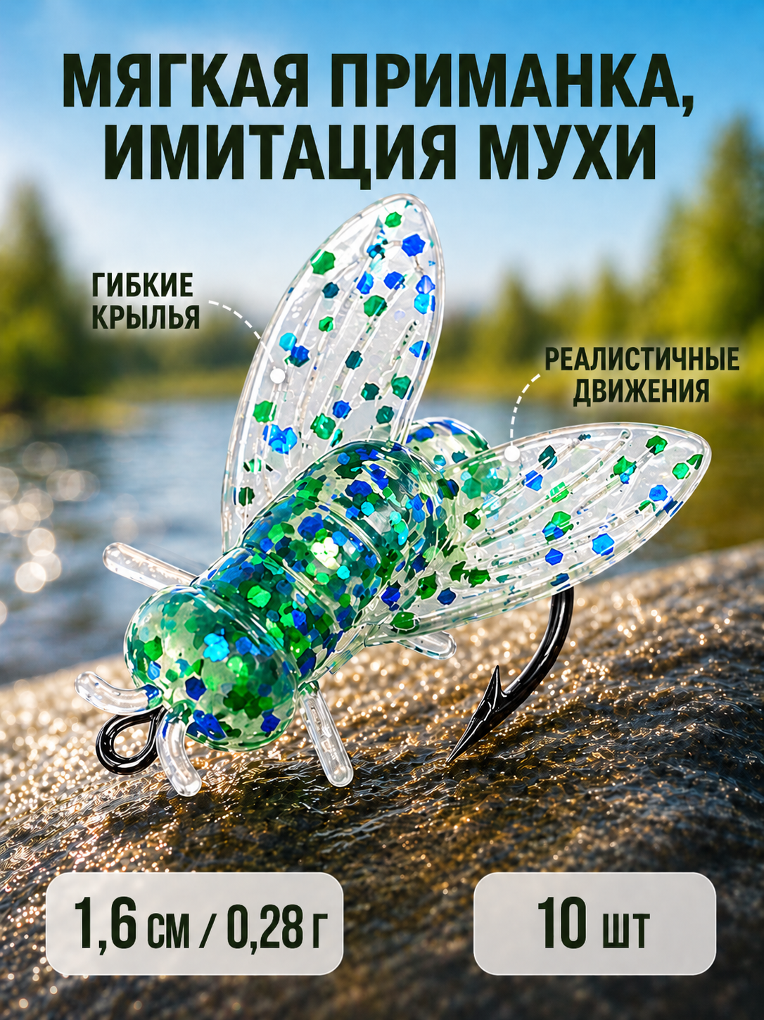 Рыболовная реалистичная, мягкая приманка Micro Bait Fly, имитация мухи, для белого карася и мандаринки 1,6 см/0,28 г, 10 шт, прозрачно-зеленая