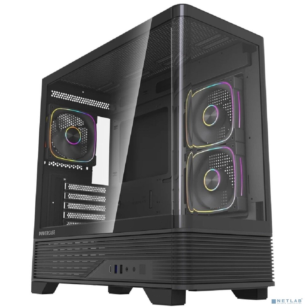 Powercase Корпус Vision Micro M6B, Curved Glass, Type-C, 3x 120mm ARGB PWM Fan, чёрный, mATX (CVMM6B-A3)