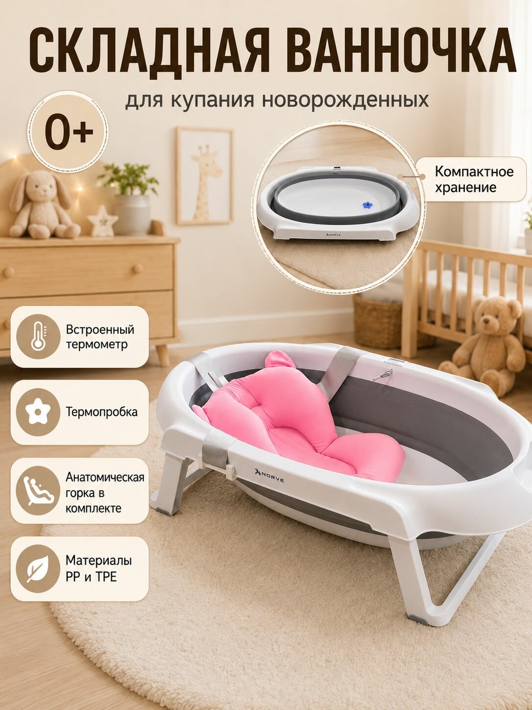 Ванночка для купания новорожденных со встроенным термометром, термопробкой и розовой горкой, складная, серая 0+