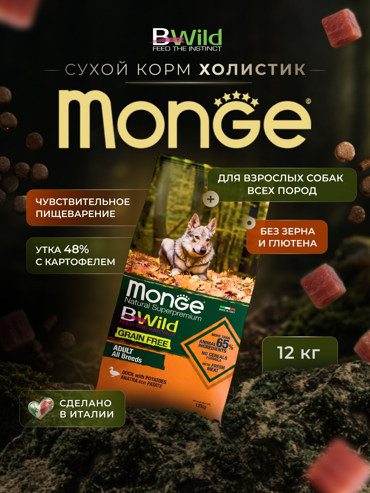 Сухой корм Monge Dog BWild GRAIN FREE для взрослых собак, беззерновой, утка с картофелем 12 кг