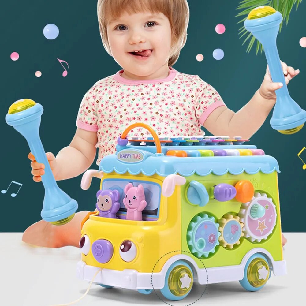 Игрушка ксилофон из пластика в виде школьного автобуса для игры и развития малышей