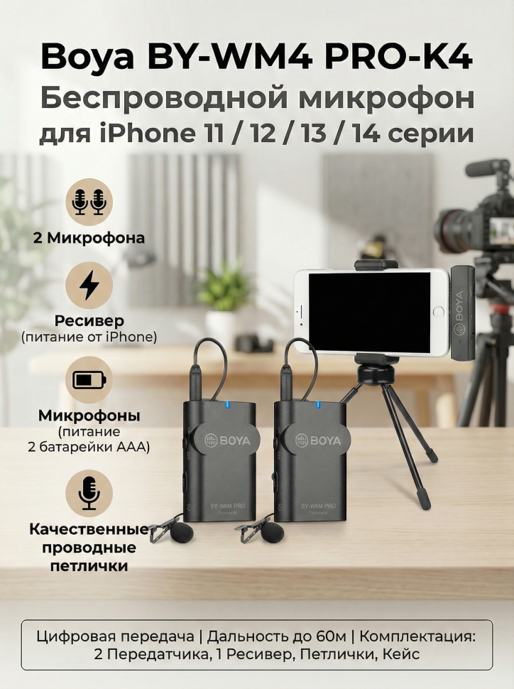 Boya BY-WM4 PRO-K4 Беспроводной микрофон для устройств Apple
