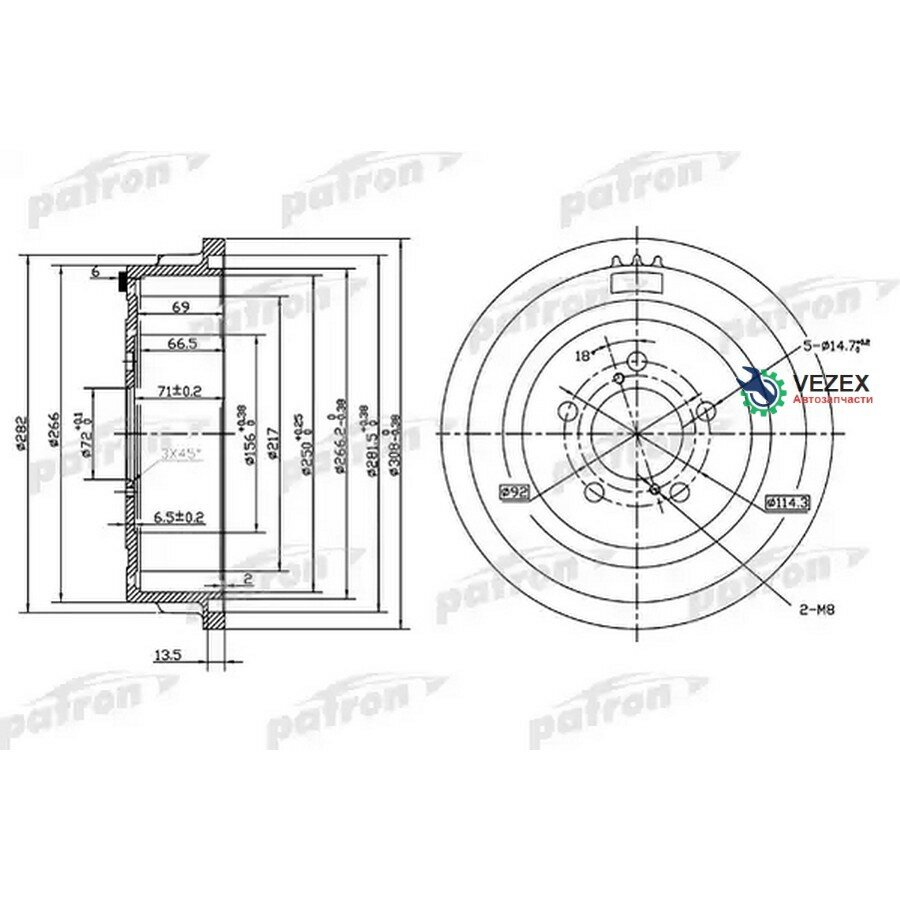 PATRON PDR1003 Барабан тормозной задн CHRYSLER Town & Contry, Voyager 00-03 \ DODGE Caravan, Grand Caravan 01-03