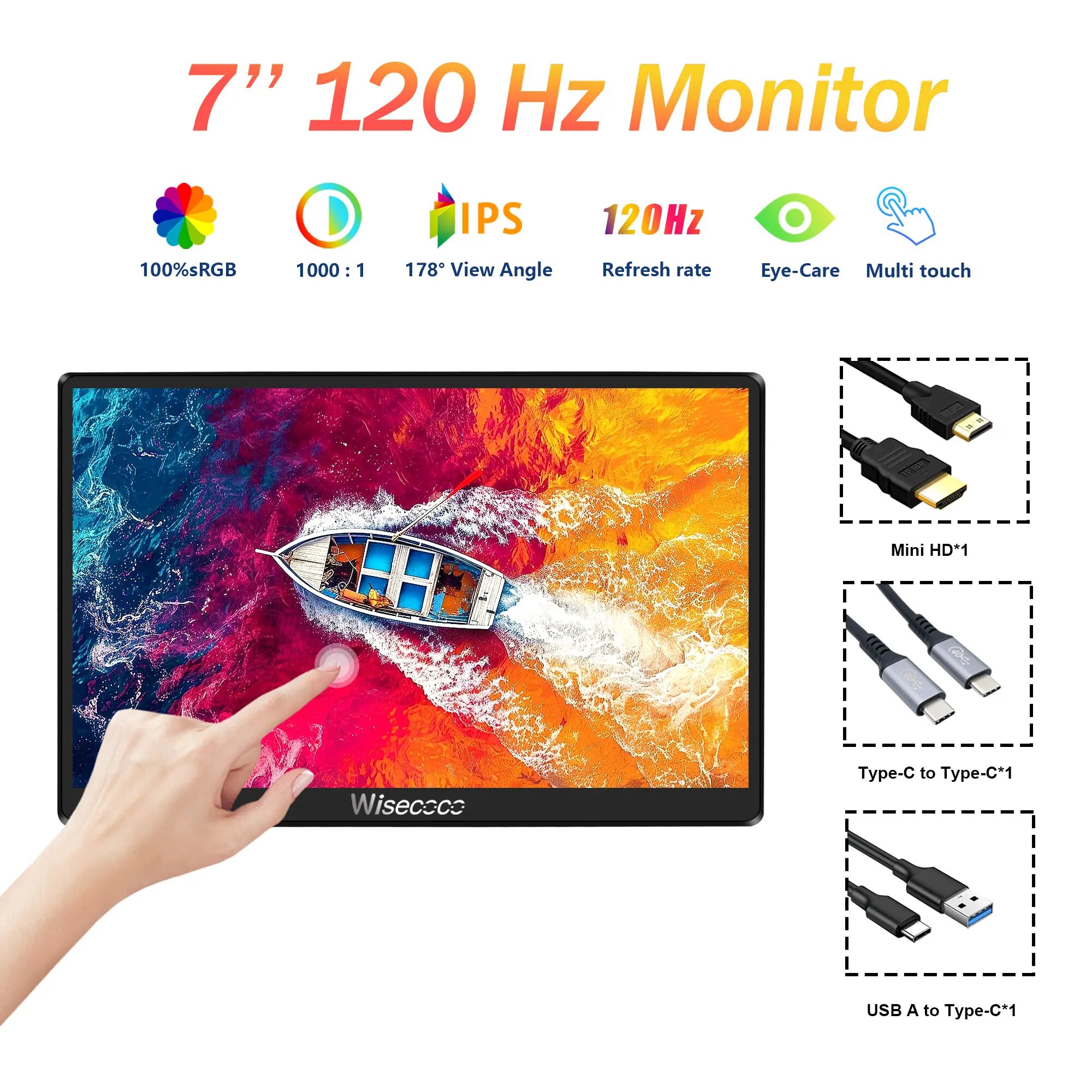 Wisecoco 7-дюймовый портативный игровой монитор IPS 1920x1080 120Гц