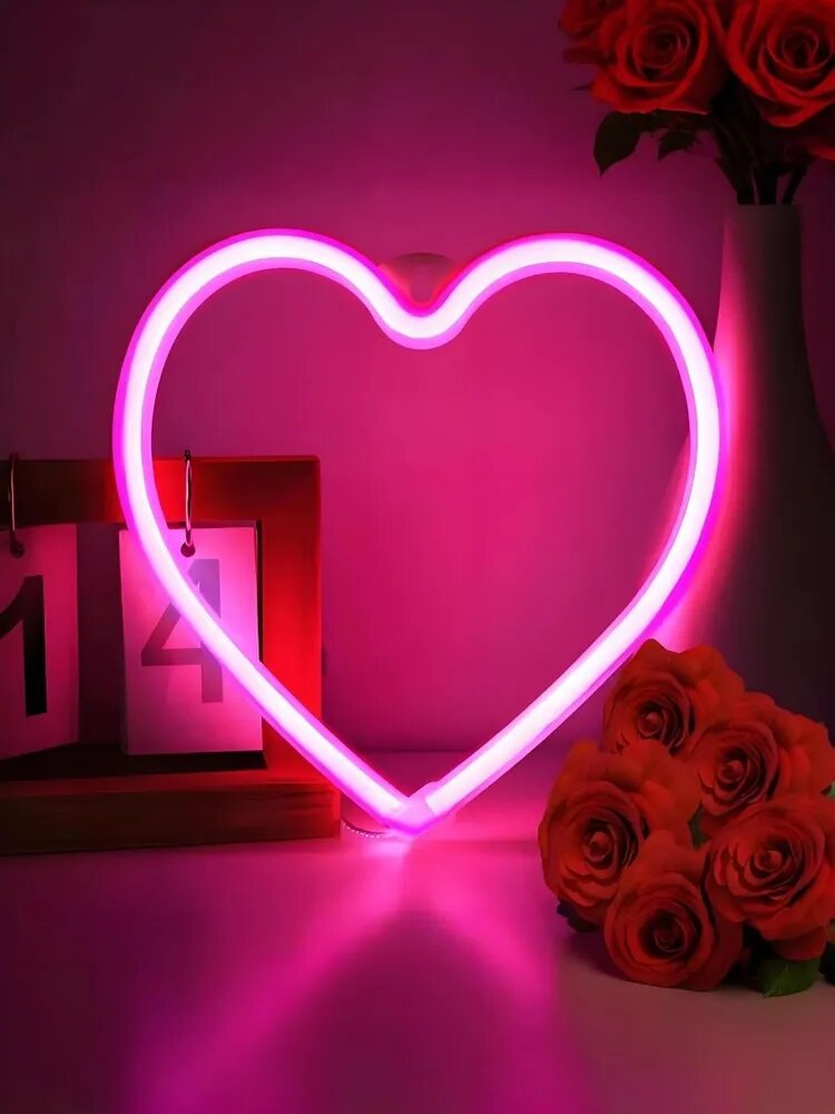 Розовый неон сердце LED с USB и батарейками для комнаты праздника