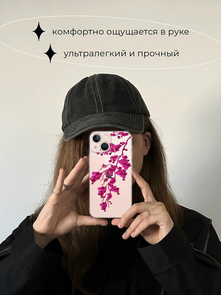 Силиконовый чехол на Apple iPhone 13 mini / Айфон 13 мини с принтом Яркая розовая сакура — фото 1