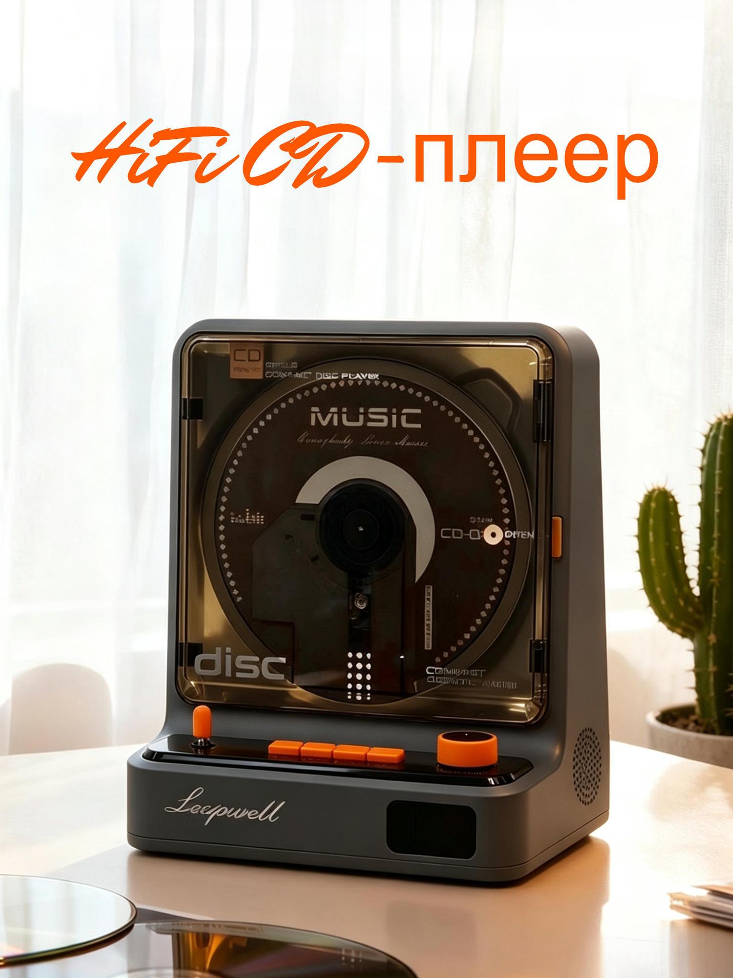 LeapwellHiFi CD-плейер, Двусторонний Bluetooth5.3, Цветное освещение, MP3, FM-радио, встроенный аккумулятор5200mAh